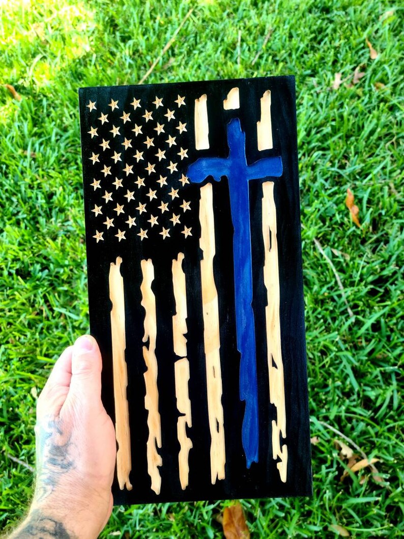 Distressed American Flag Wood With Thin Blue Line Cross. | Etsy