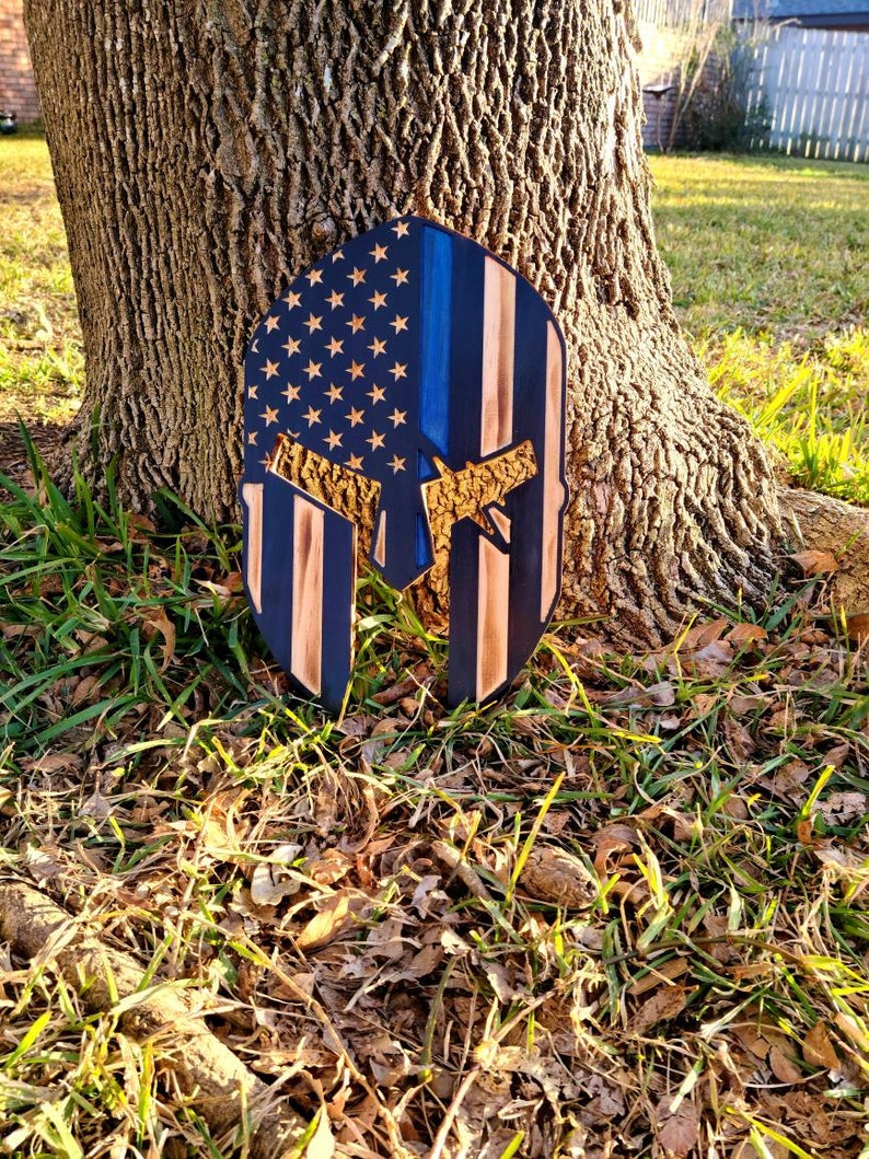 Thin Blue Line American Flag Wood Spartan Helmet | Etsy
