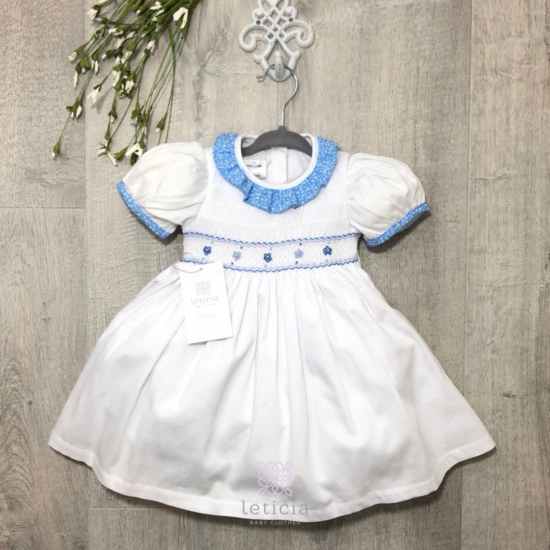 White Pique Hand Smocked Dress With Ruffle Collar In Blue Size 24m Etsy