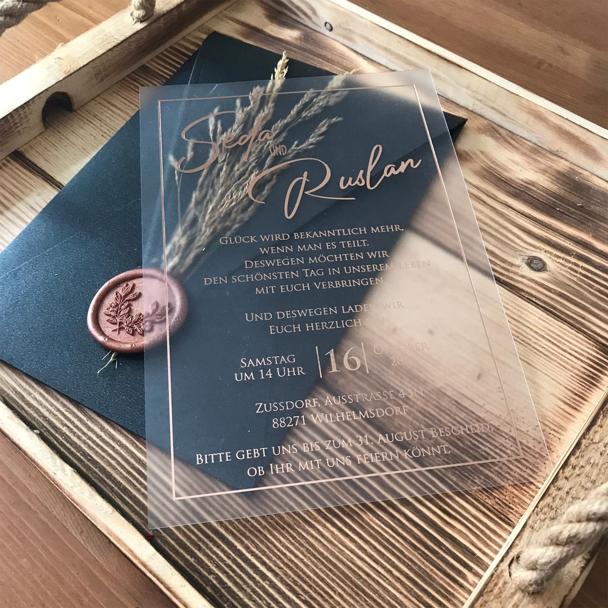 Invitación de boda personalizable de acrílico transparente con sobre ...