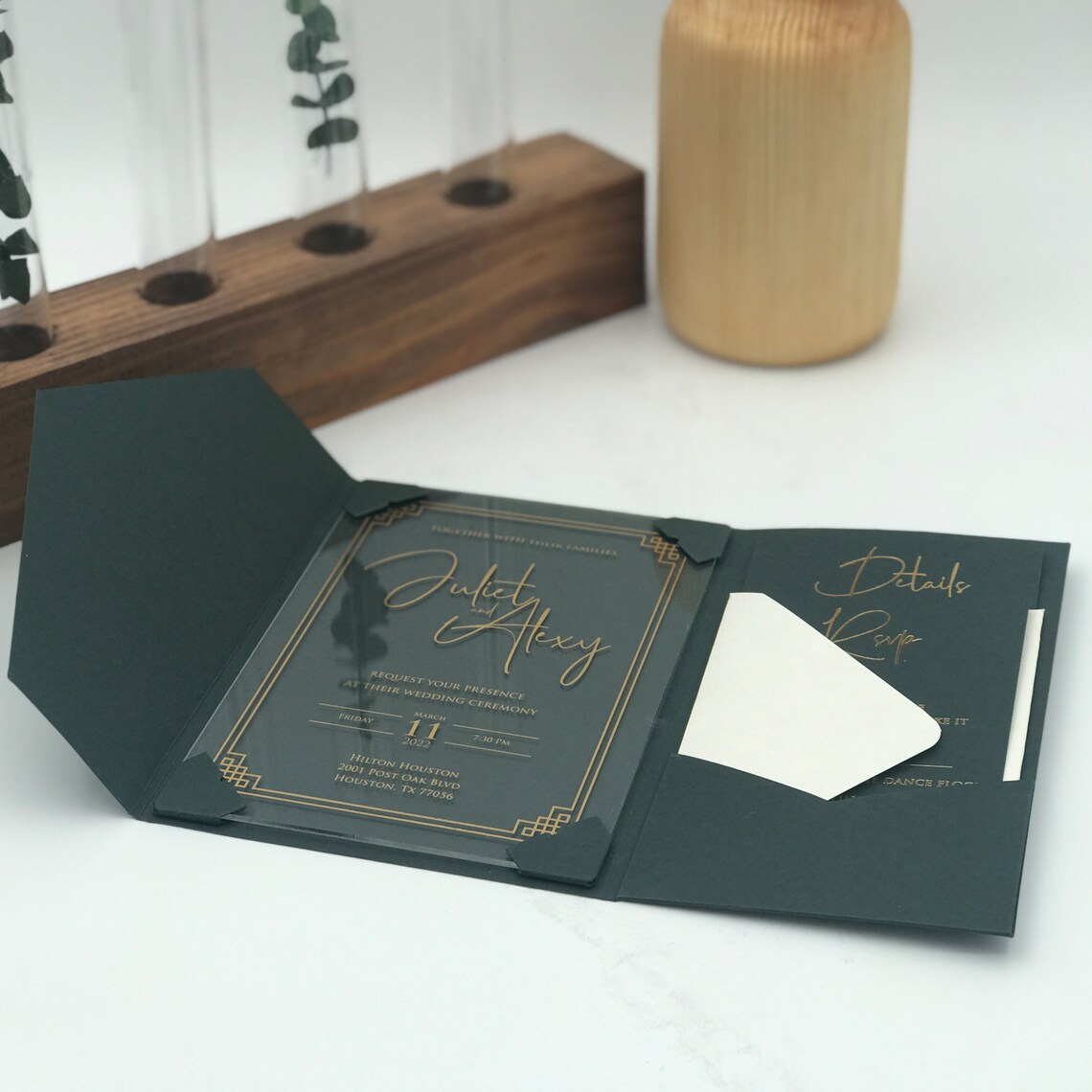 Customizable Acrylic Wedding Invitation Suite: Forest Green Trifold Set ...