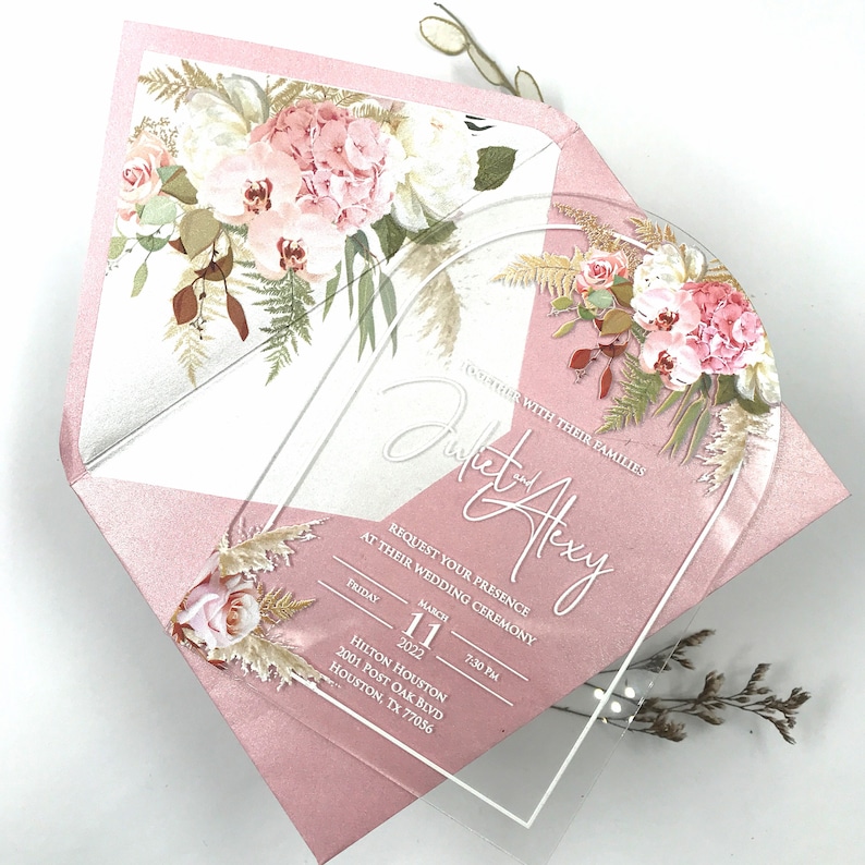 Arch Blush Pink Acrylic Wedding Invitation: Floral Metallic Envelope - Etsy
