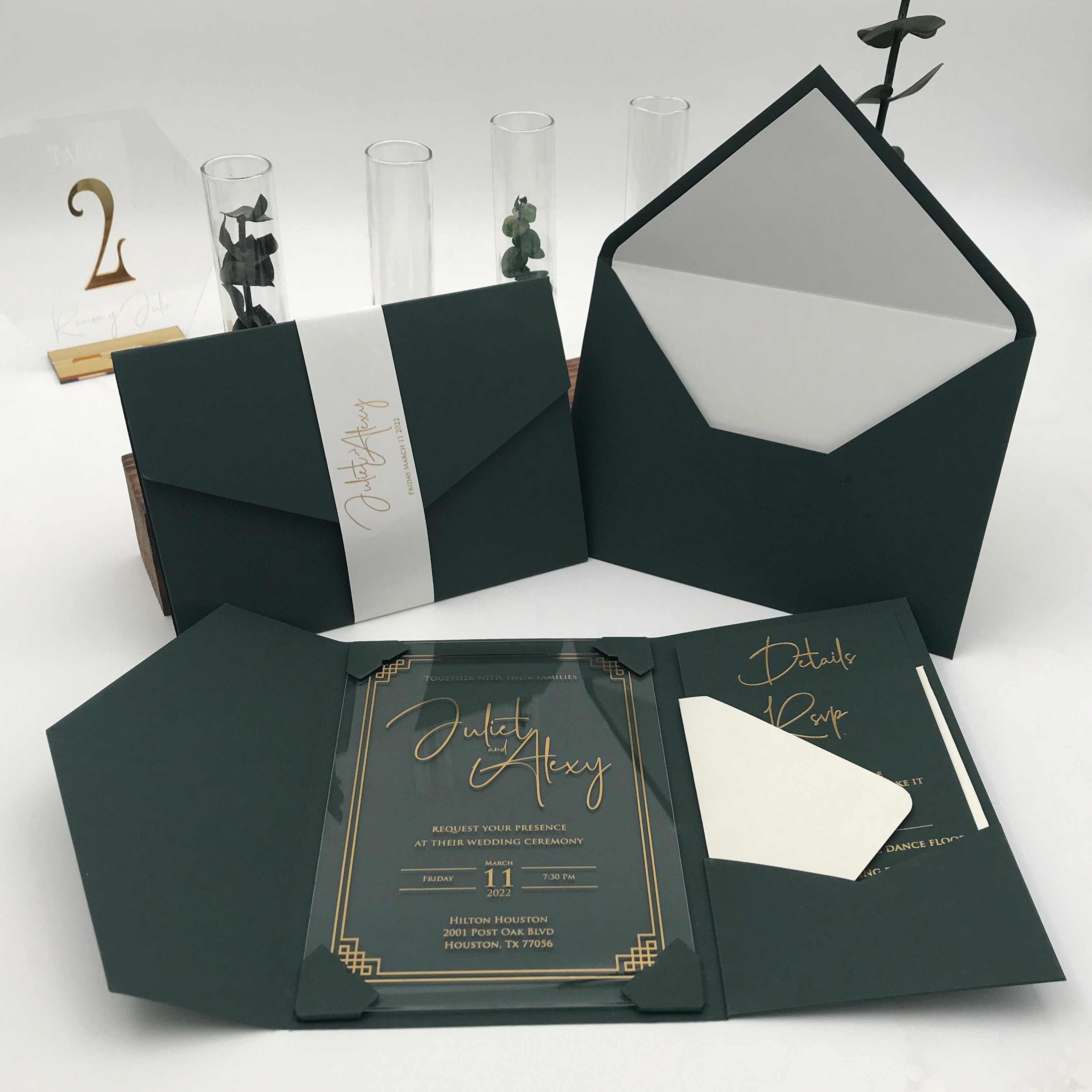 Customizable Acrylic Wedding Invitation Suite: Forest Green Trifold Set ...