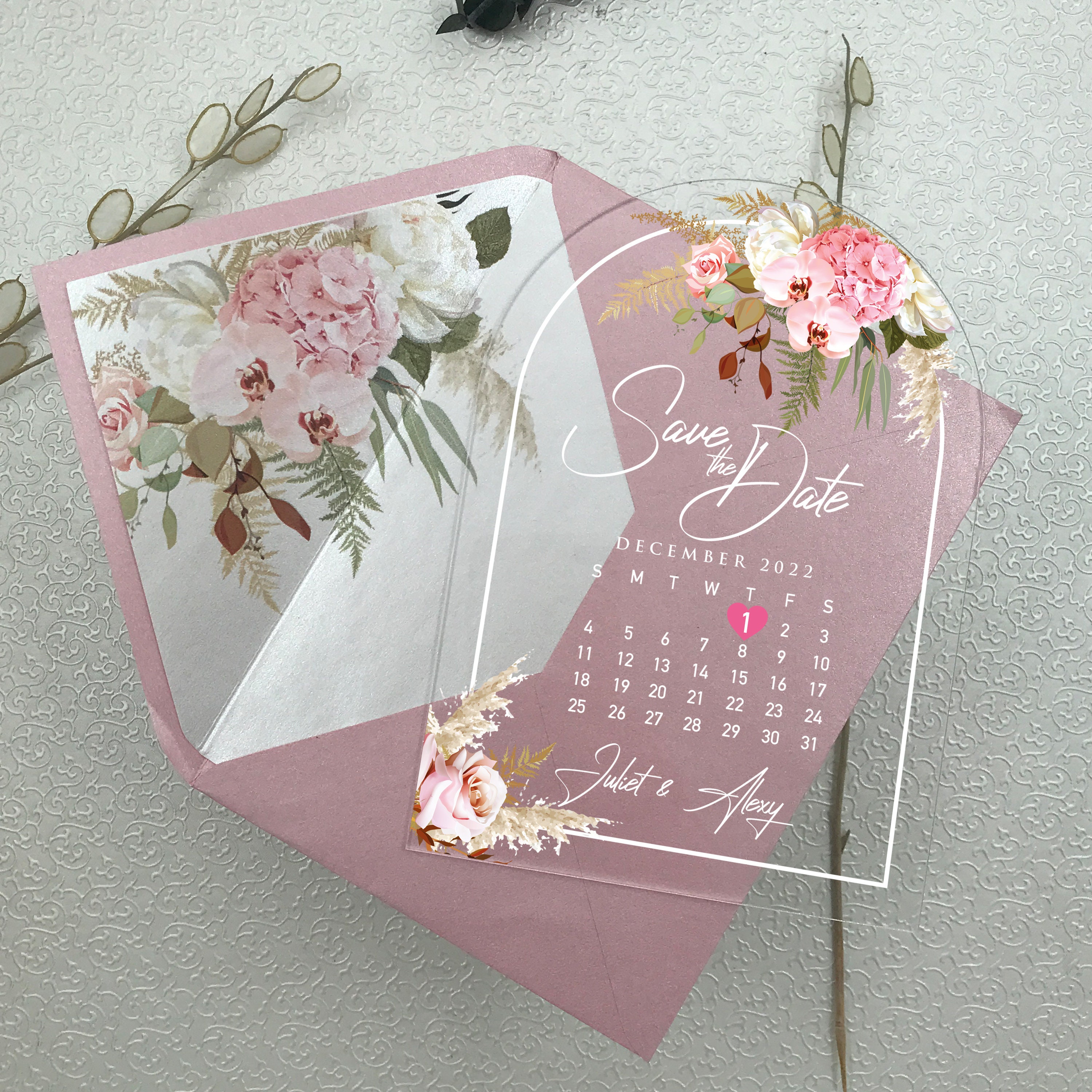 Arch Blush Pink Acrylic Wedding Invitation: Floral Metallic Envelope - Etsy