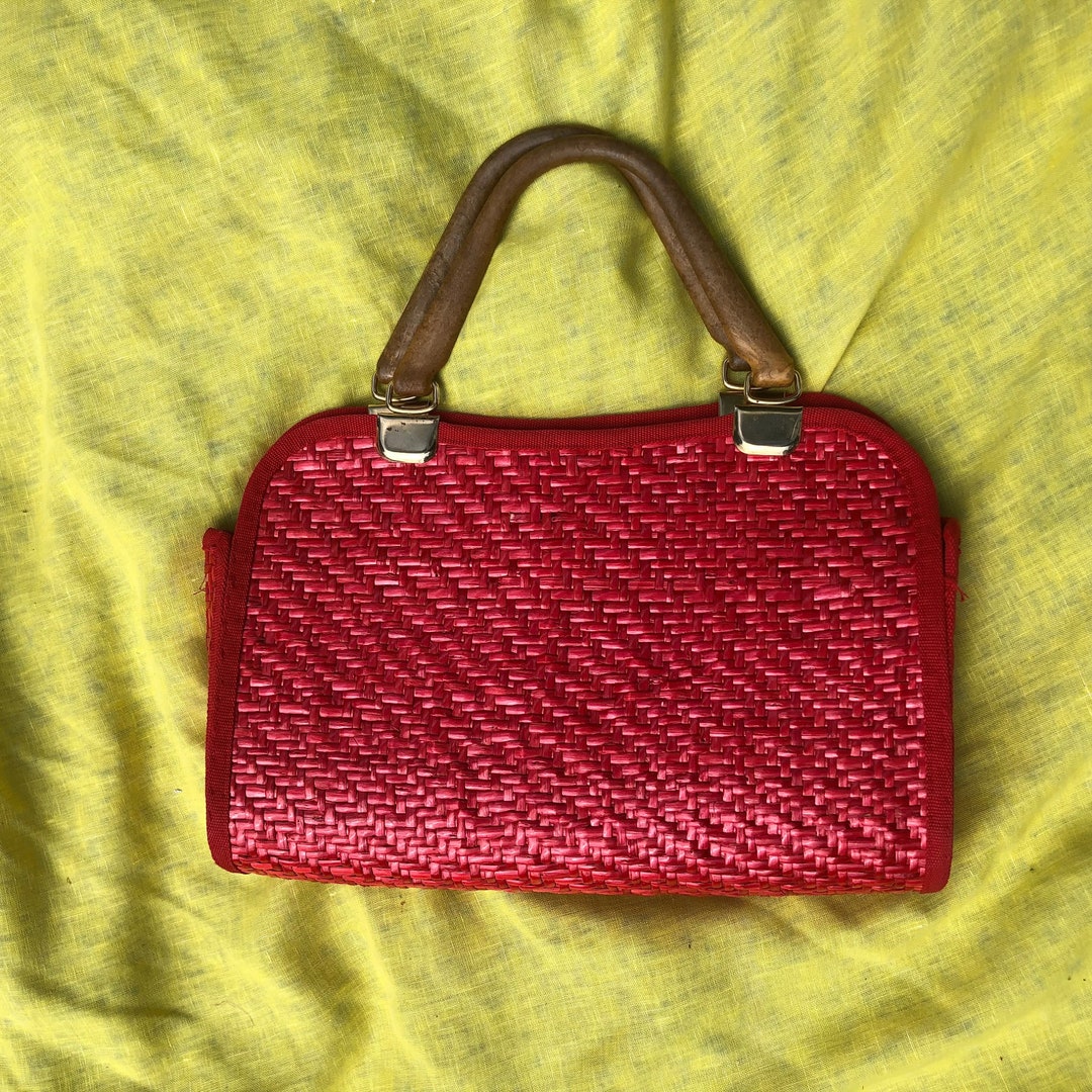 Italian Red Wicker Bag Oversized Rectangle, Wooden Handles Brass ...