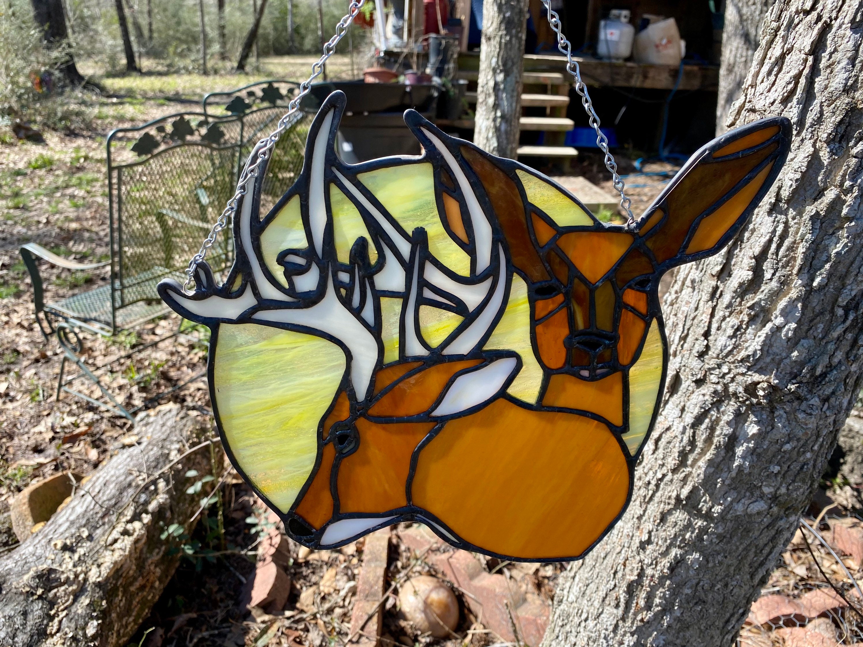 Buck and doe deer in moon light stained glass | Etsy