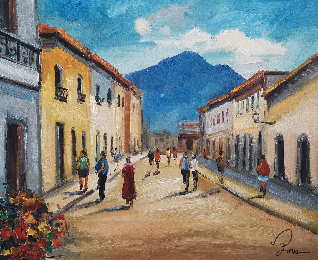 ANTIGUA, GUATEMALA, Main Street of Antigua, Agua Volcano-koking Fort ...