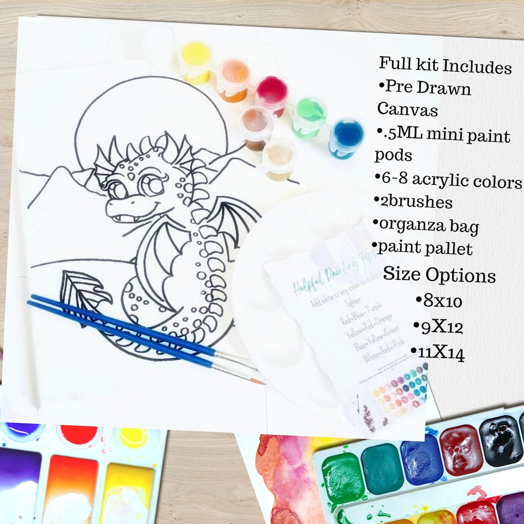 Pre Drawn Dragon Canvas Paint Kit: Kids Art Party Favor - Etsy