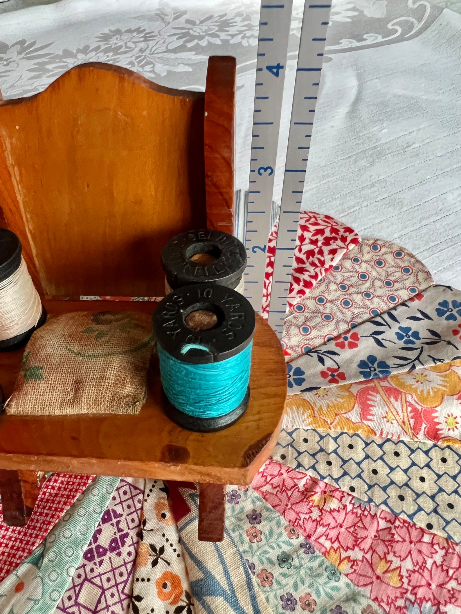 Small Handmade Antique Wooden Rocker Thread Holder With Pin Cushion ...