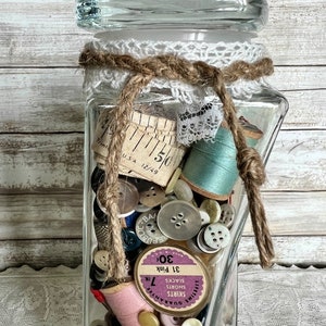 Decorative Tall Glass Jar With Vintage Buttons, Wooden Spools of Thread ...