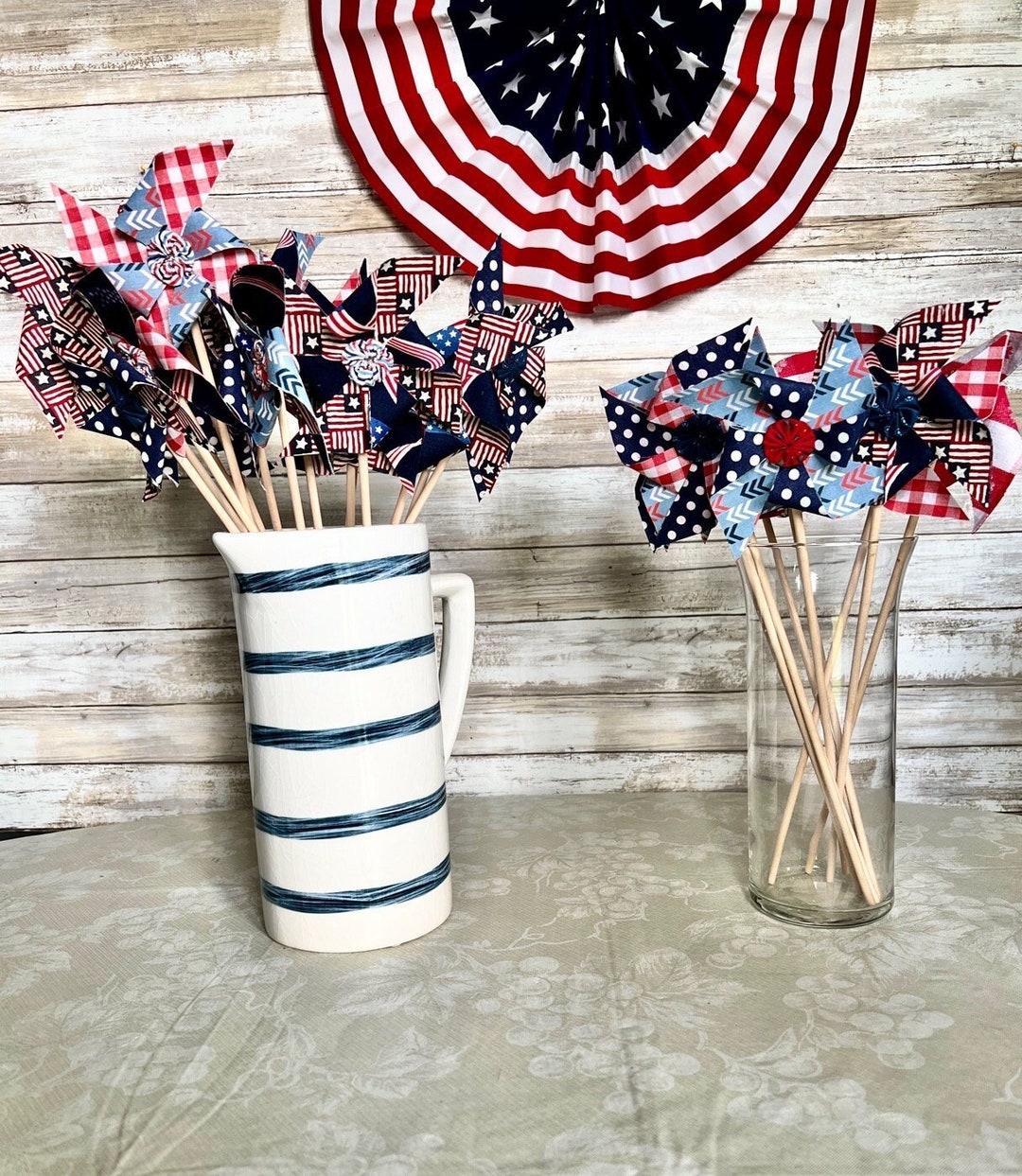 Set of 2 Patriotic Fabric Pinwheels With Mini Yo Yo Centers, Mounted on ...