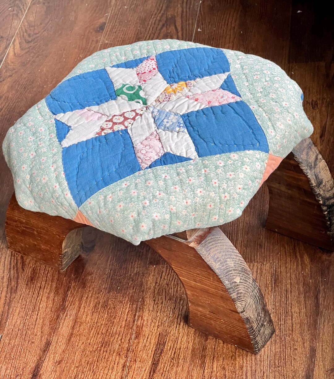 Vintage Wooden Footstool With Repurposed Vintage Fish Tails Quilt Piece ...