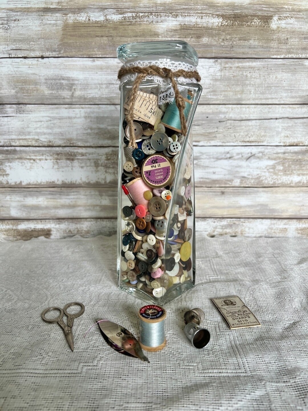 Decorative Tall Glass Jar With Vintage Buttons, Wooden Spools of Thread ...