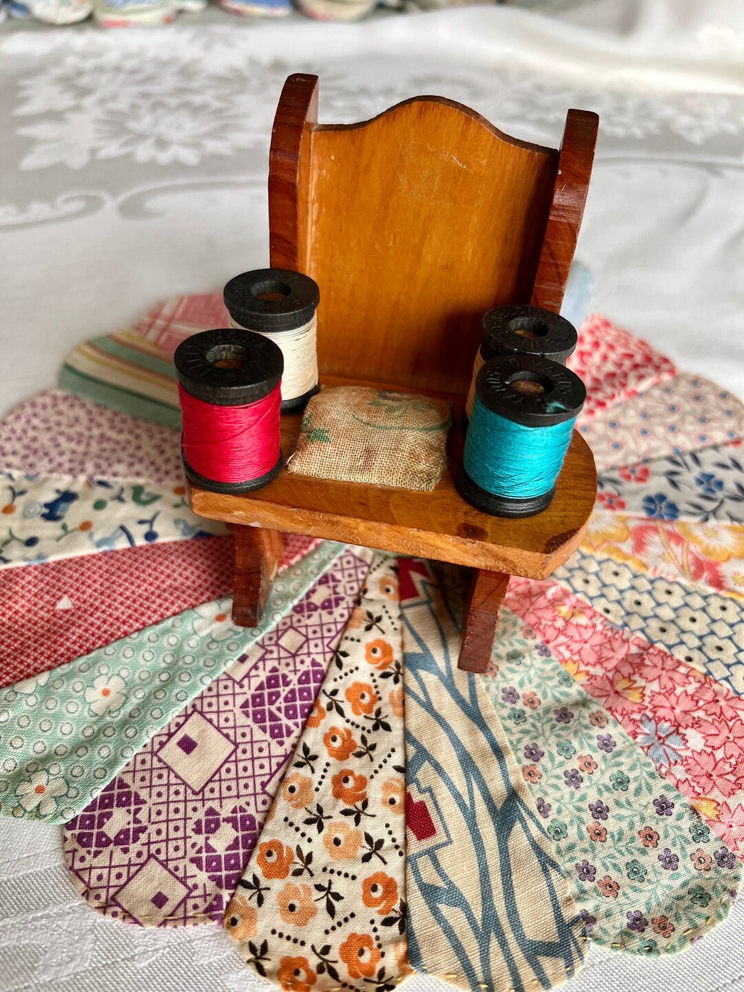 Small Handmade Antique Wooden Rocker Thread Holder With Pin Cushion ...