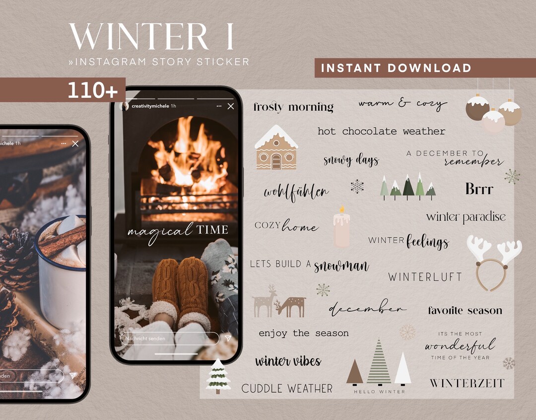 110 Instagram Story Stickers Winter Christmas December PNG Digital ...