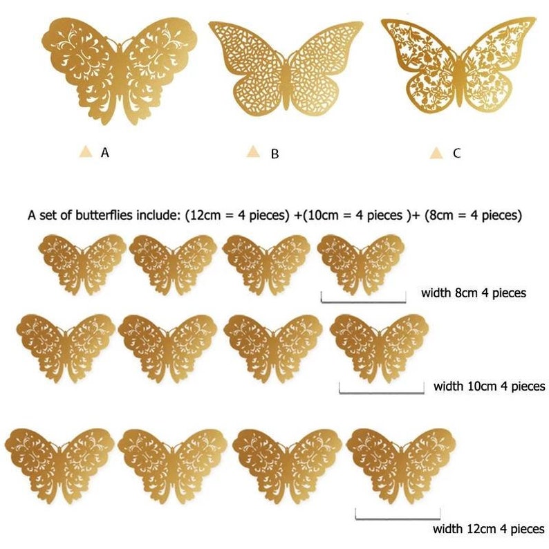 12pc Cute Butterfly Wall Sticker Decoration in Gold, Silver or Rose ...