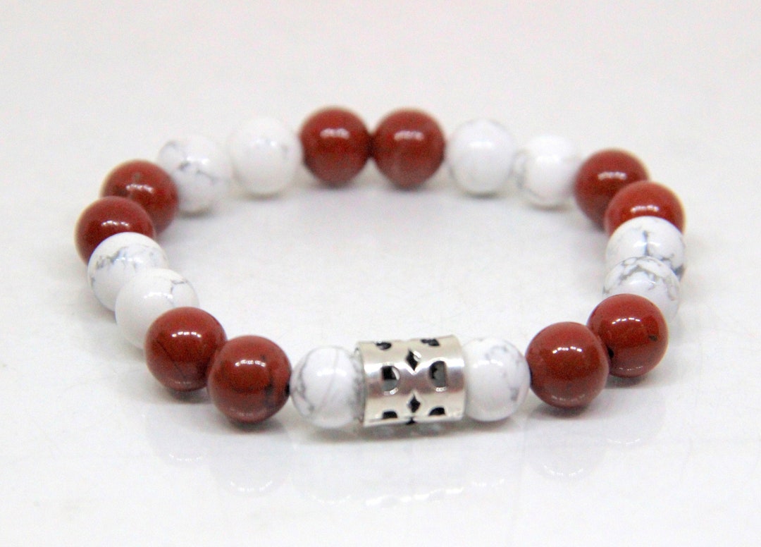 Red Agate Beaded Bracelet , Red Agate White Howlite Bracelet , Beaded ...