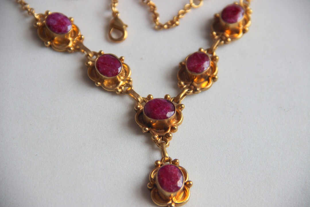 Ruby Necklace , Gold Plated Ruby Necklace , Ruby Brass Necklace ...