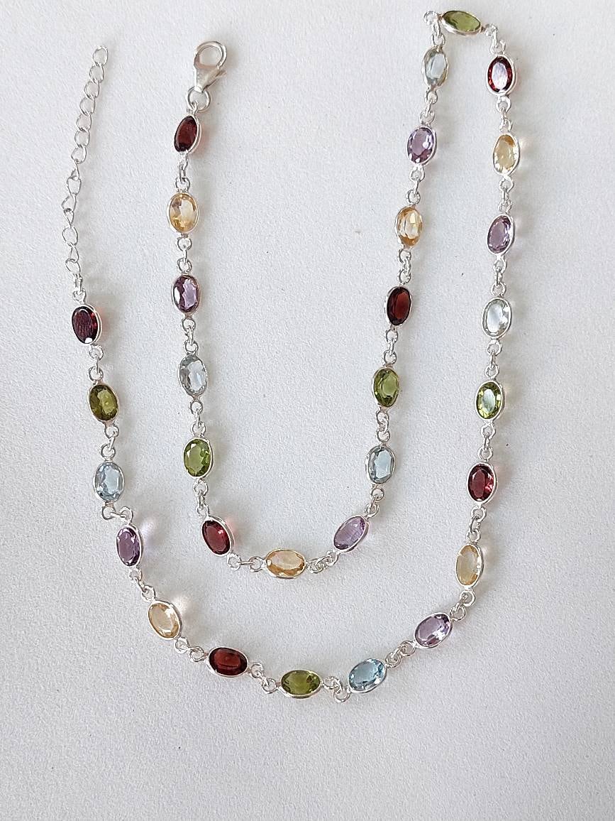 Multi Gemstone Necklace Gold Plated Necklace/925 Sterling Silver ...