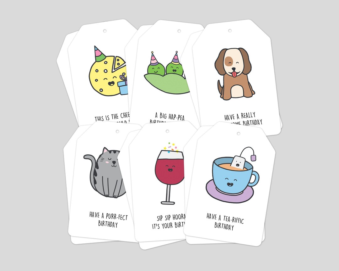 Birthday 12 Pack Gift Tag Collection Cheese, Pea, Dog, Cat, Wine, Tea ...