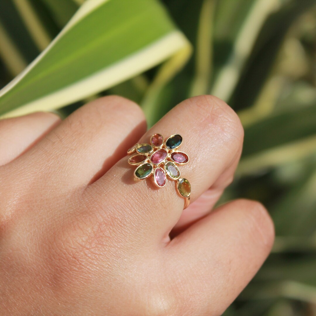 Natural Multi Tourmaline Ring, Solid 18K Gold, Flower Rainbow Ring ...
