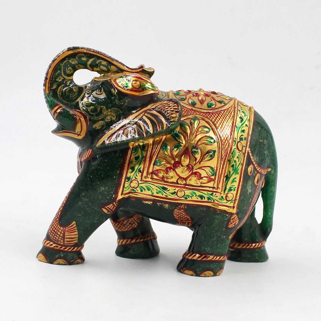 Natural Dark Green Jade Elephant Statue, Handmade Gold Printed Work ...