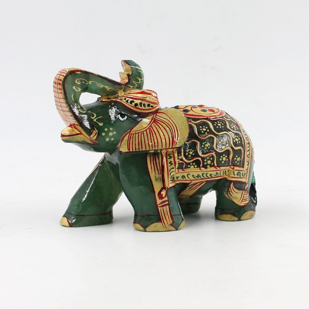 Natural Green Jade Elephant Statue, Handmade Gold Printed Work ...