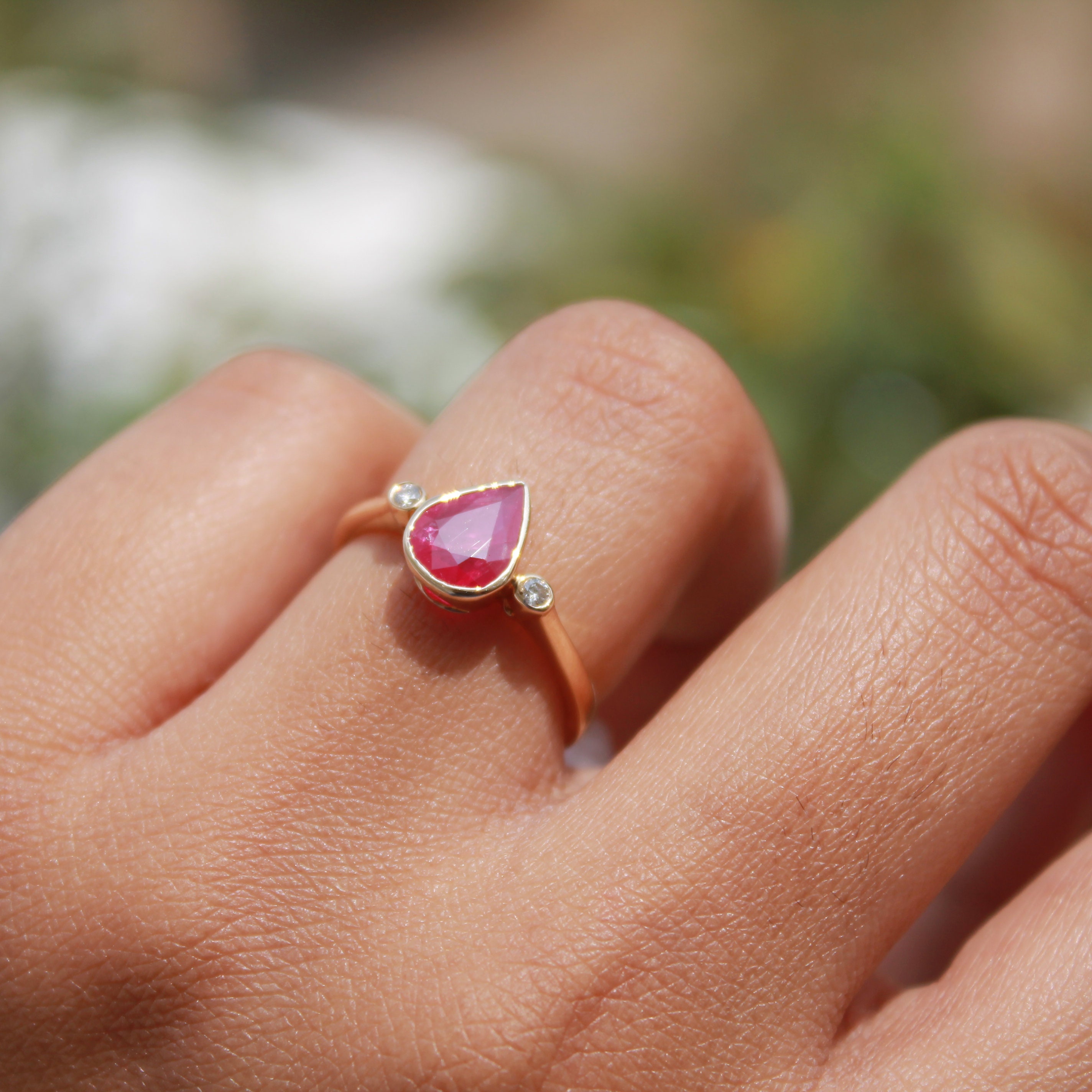 Solid 14K Gold Ring Teardrop Ruby Diamond Ring July | Etsy