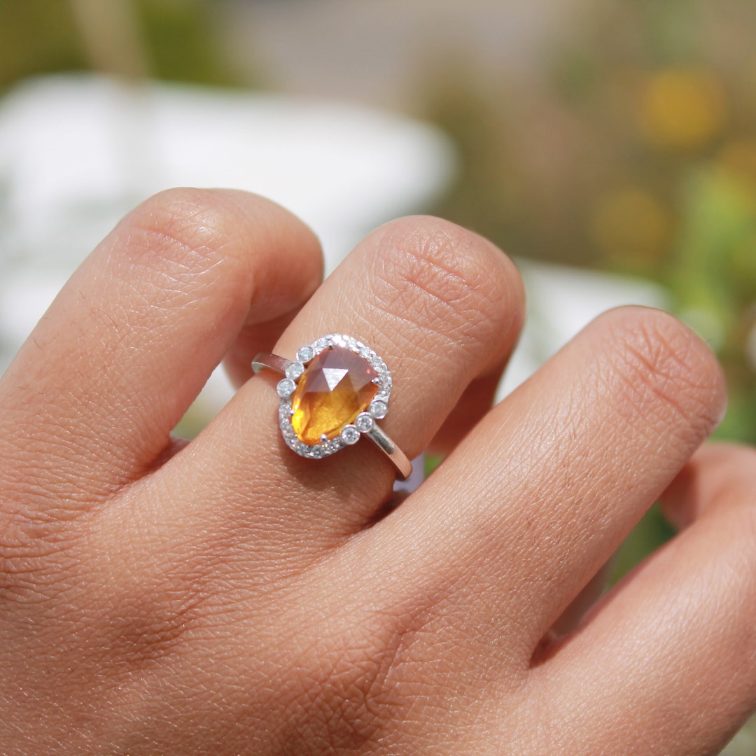 Anillo de zafiro amarillo natural, anillo de oro blanco sólido de 18 qt ...