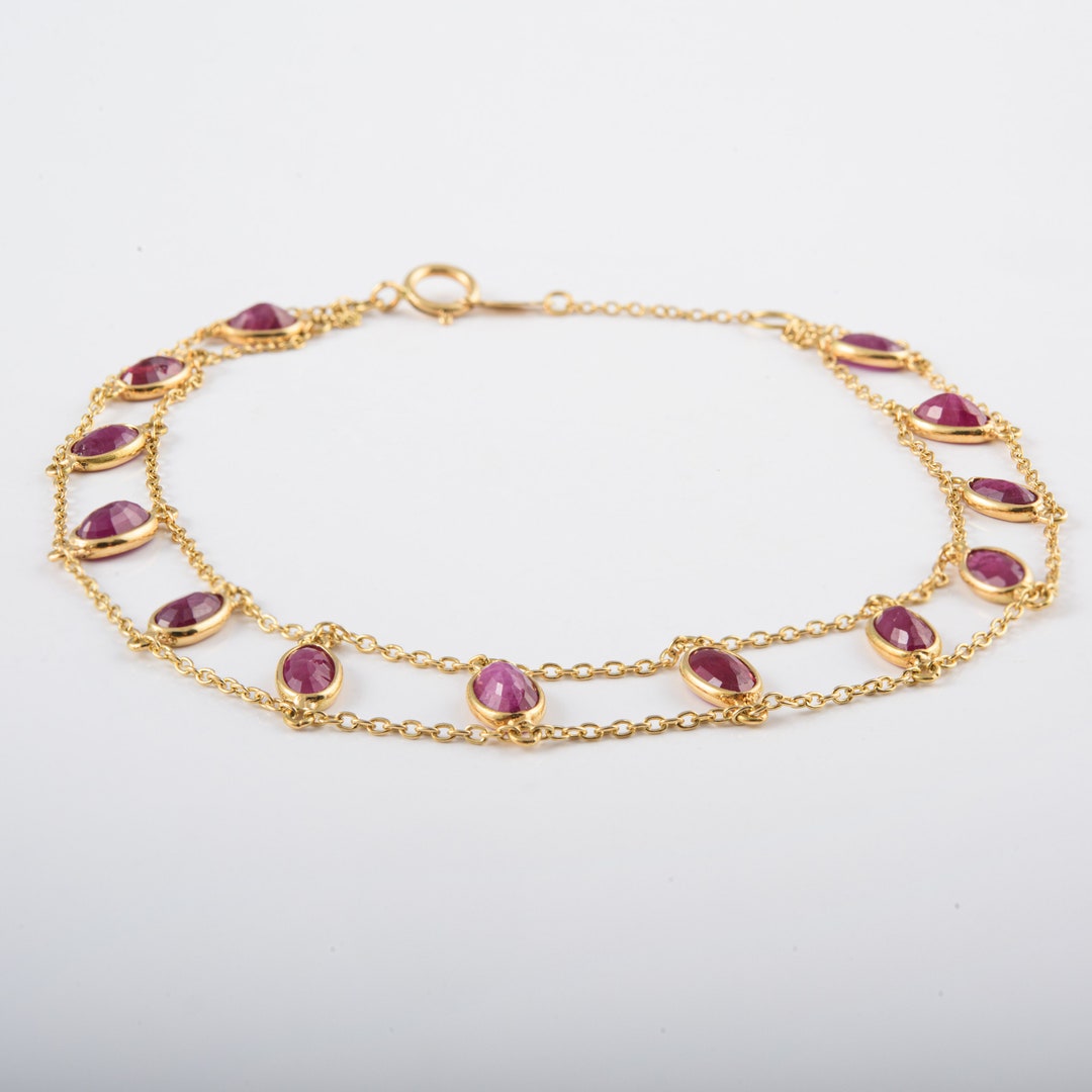 Natural Ruby Chain Bracelet, Solid 18k Yellow Gold Bracelet, Real Ruby ...