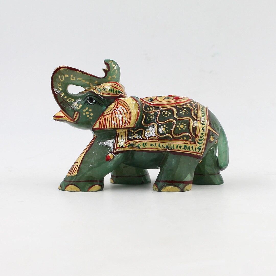 Natural Green Jade Elephant Statue, Handmade Gold Printed Work ...
