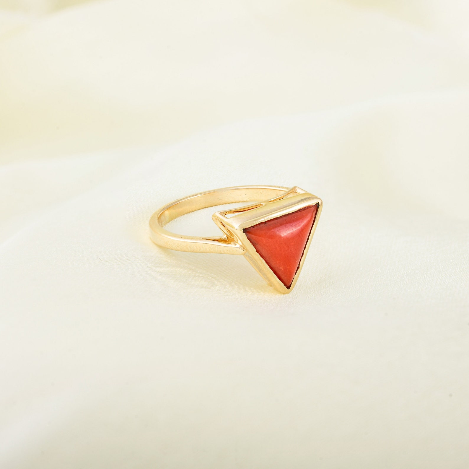 Natural Triangle Coral Gold Ring, Solid 14K Yellow Gold, Statement Ring ...