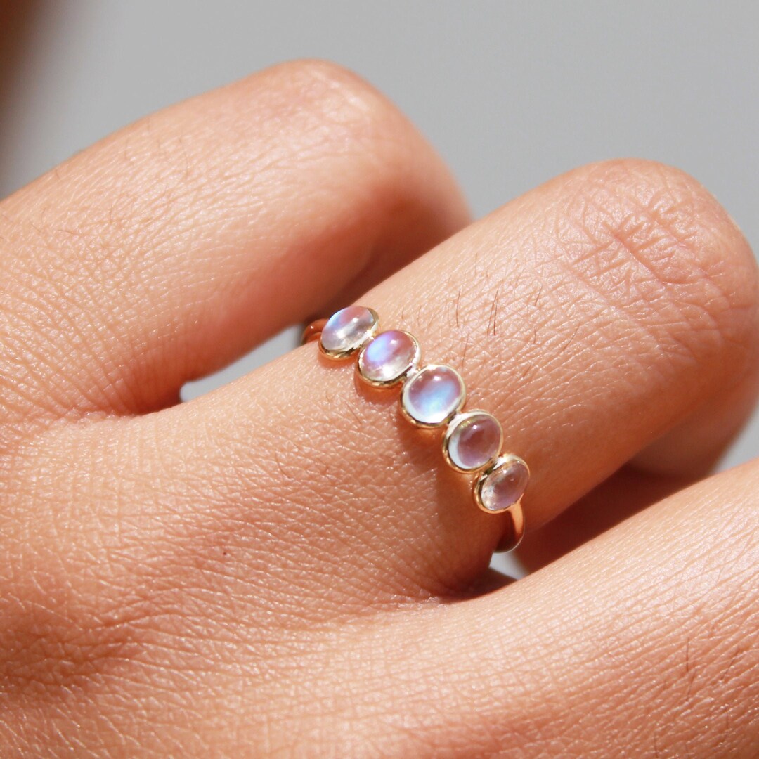 Solid 18K Gold, Natural Rainbow Moonstone Ring, Half Eternity Band ...