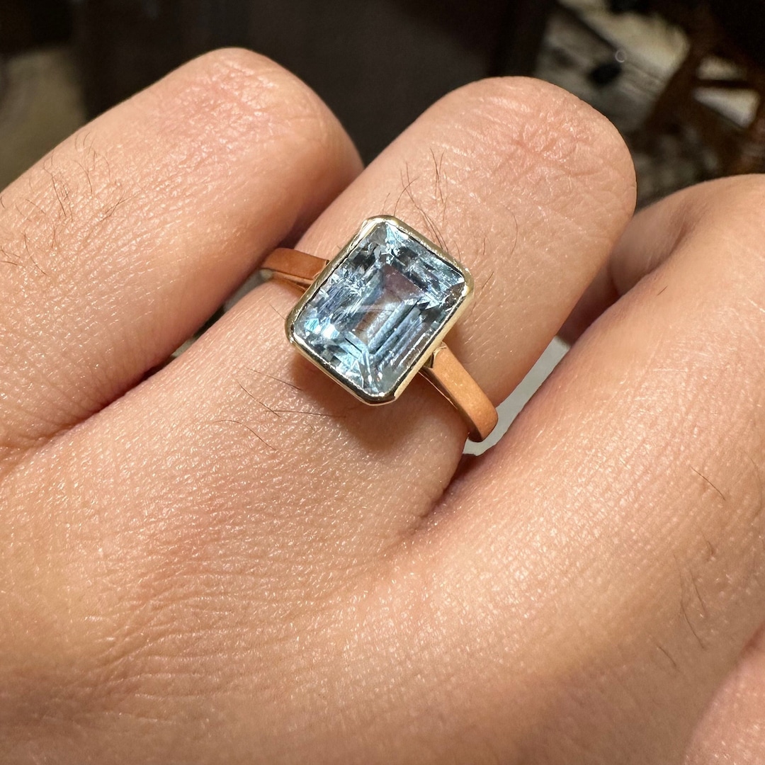 Natural Aquamarine Rectangle Gold Ring, Solid 14K Yellow Gold, March ...