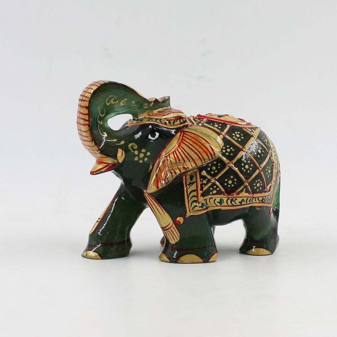 Natural Green Jade Elephant Statue, Handmade Gold Plated Printed Work ...
