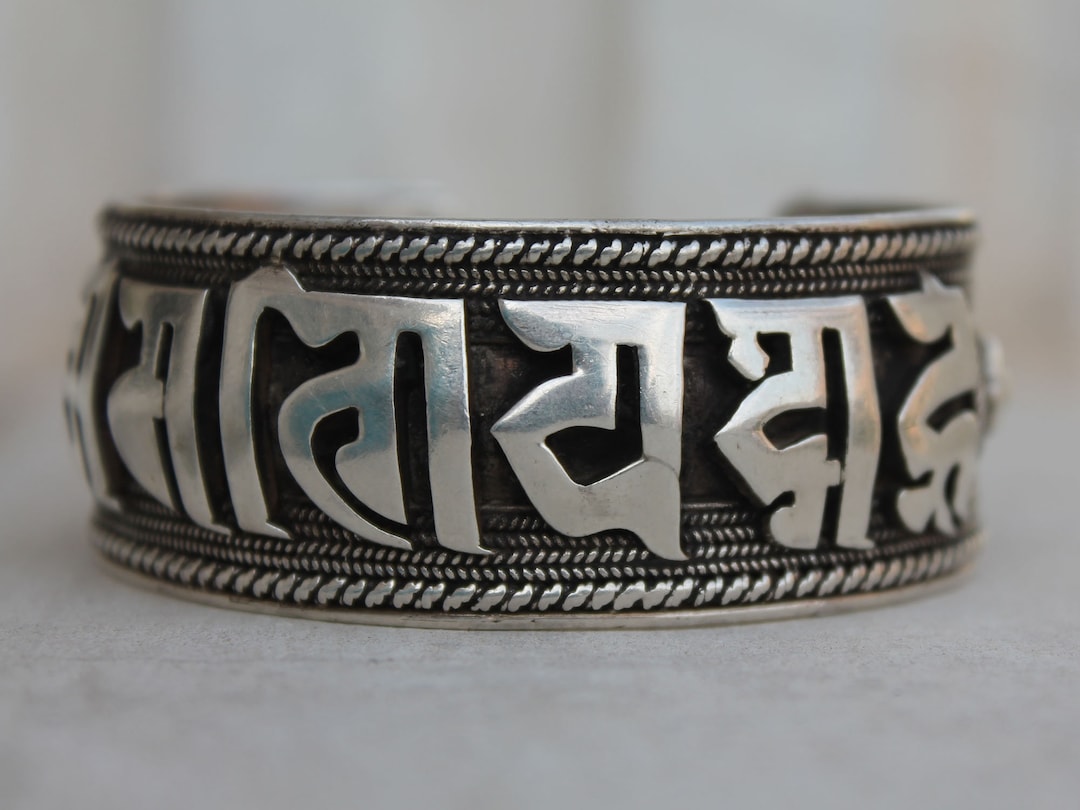 Om Mani Padme Hum Script Bangle, Solid 925 Sterling Silver, Adjustable ...