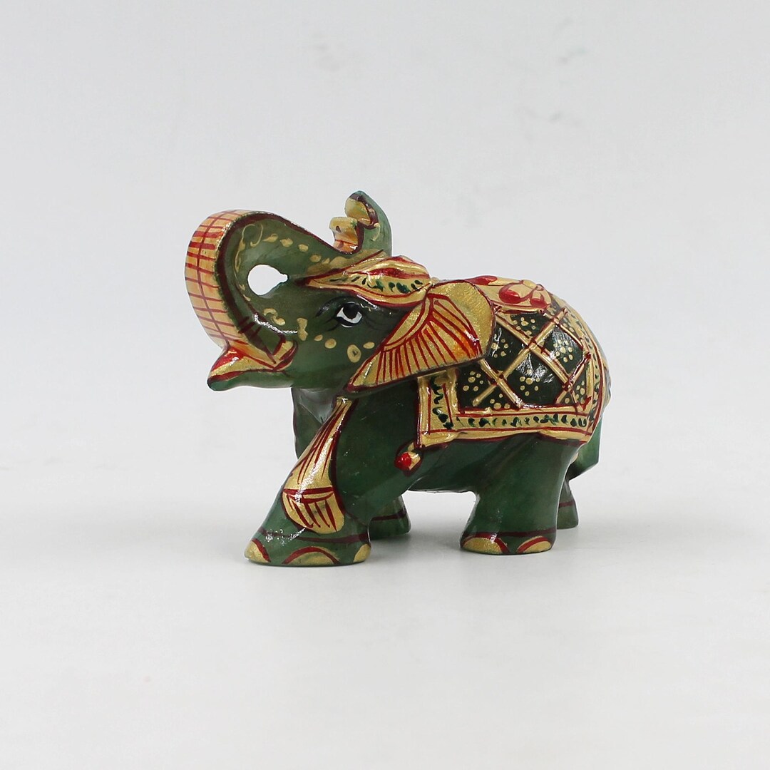 Natural Green Jade Elephant Statue, Handmade Gold Plated Printed Work ...