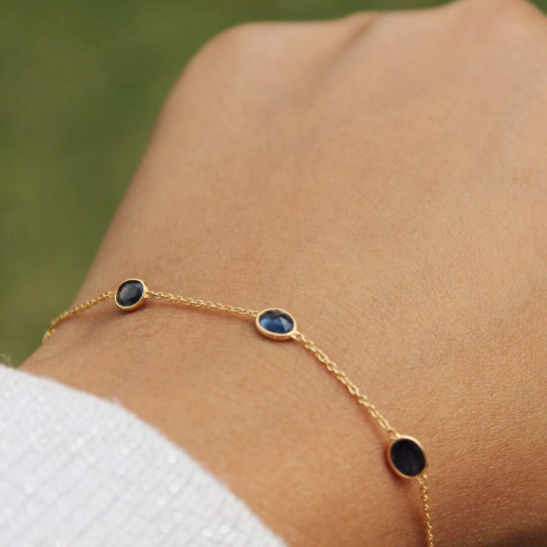Natural Blue Sapphire Chain Bracelet, Solid 14K Gold, September ...