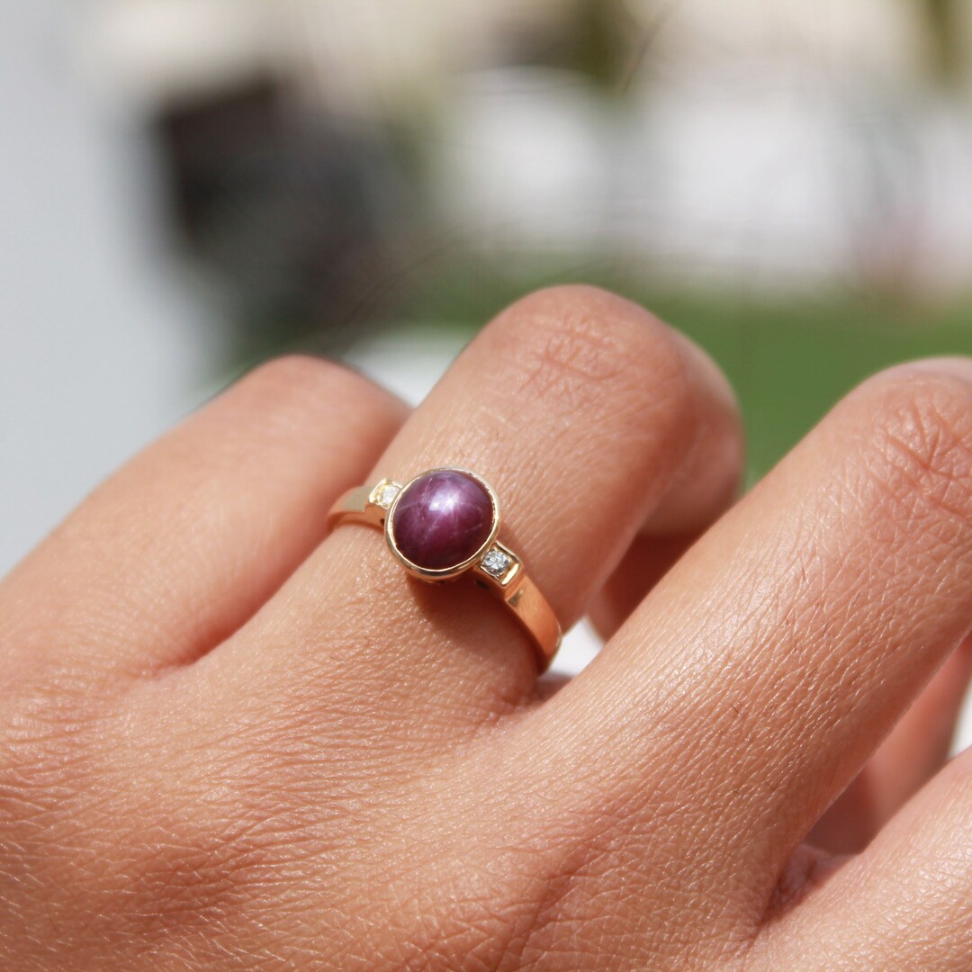 Solid 14K Yellow Gold Ring, Natural Star Ruby Ring, Real Diamond Ring ...