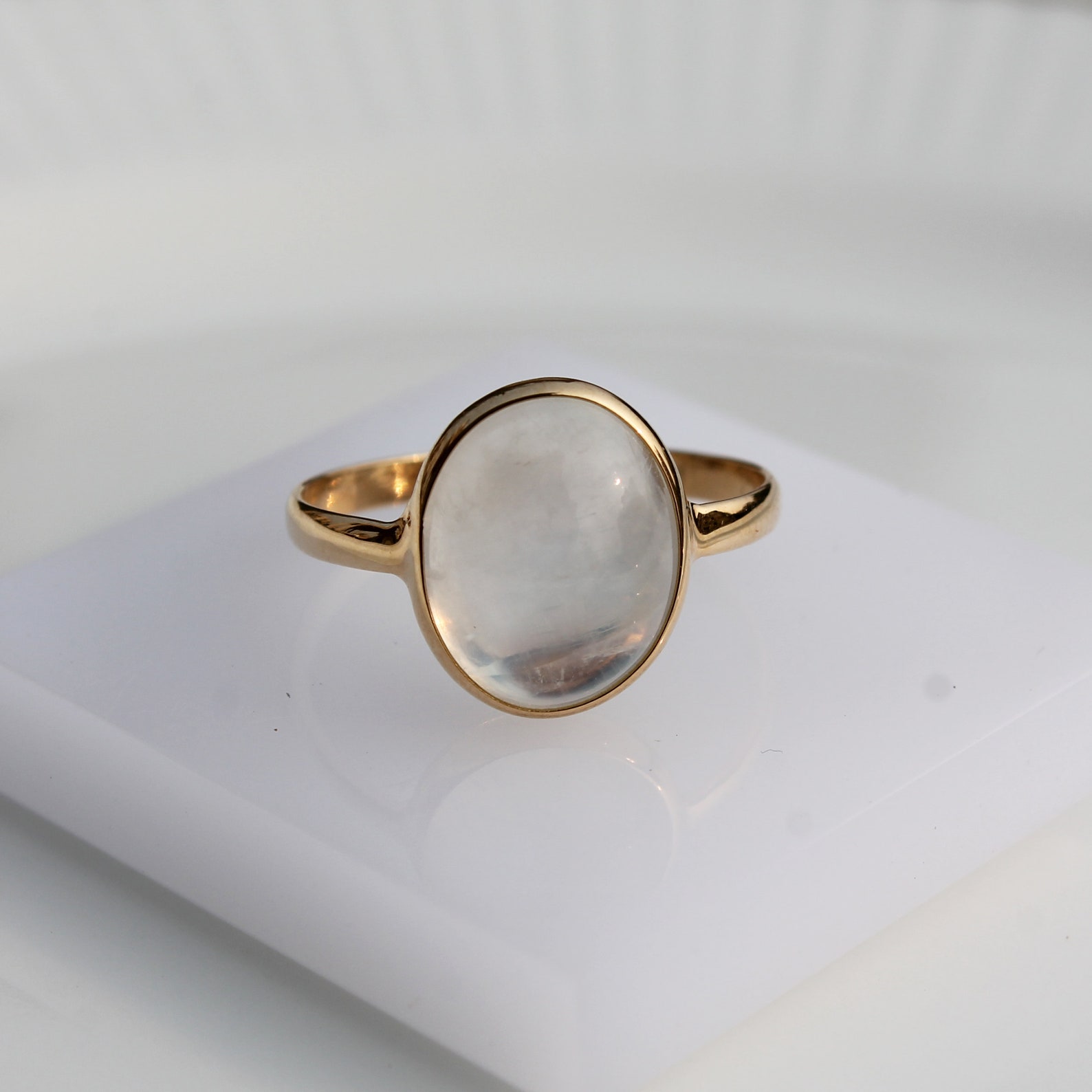 Solid 18k Gold- Natural Oval Rainbow Moonstone Ring- October Birthstone ...