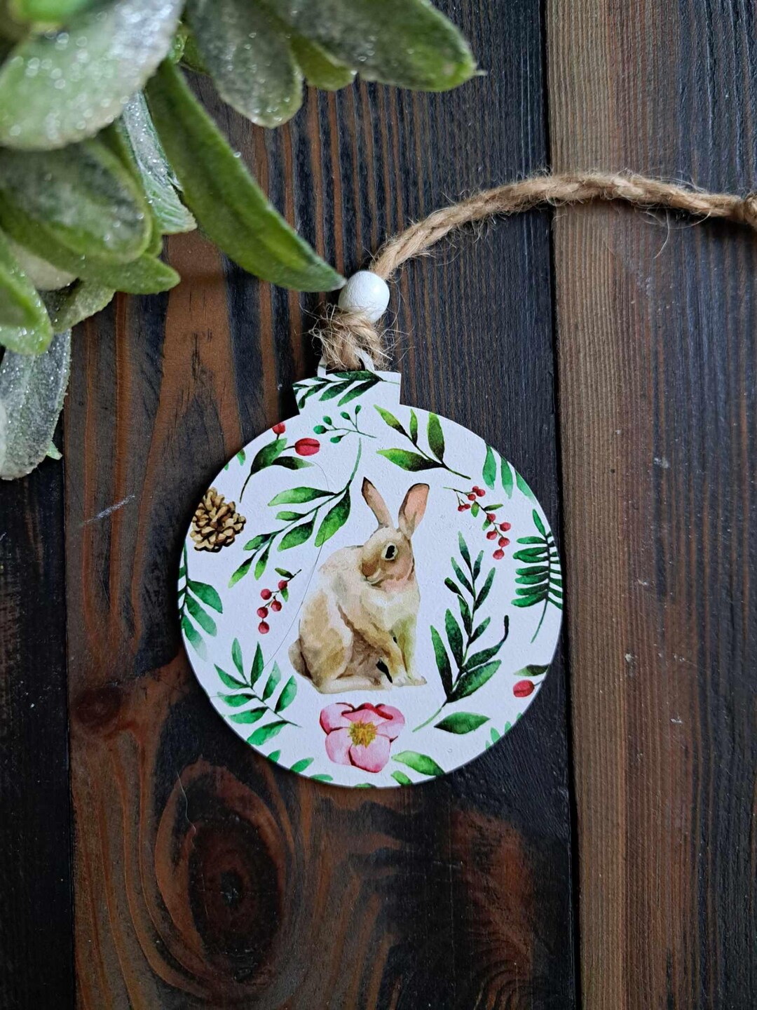 Wooden Tree Baubles Bunny Round Wood Ornament Woodland Animal Rabbit ...