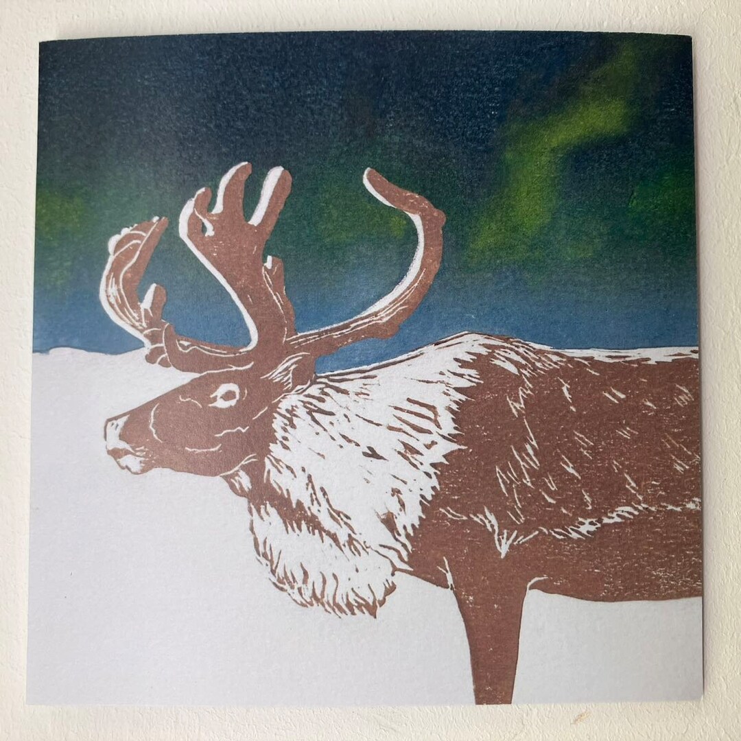 5 Pack Reindeer Northern Lights Aurora Linocut Christmas Cards - Etsy