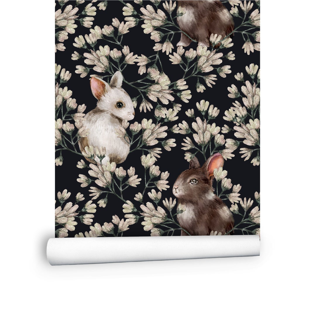 Dark Wallpaper, Cute Rabbit Removable Wallpaper Vintage Flower Peel and ...