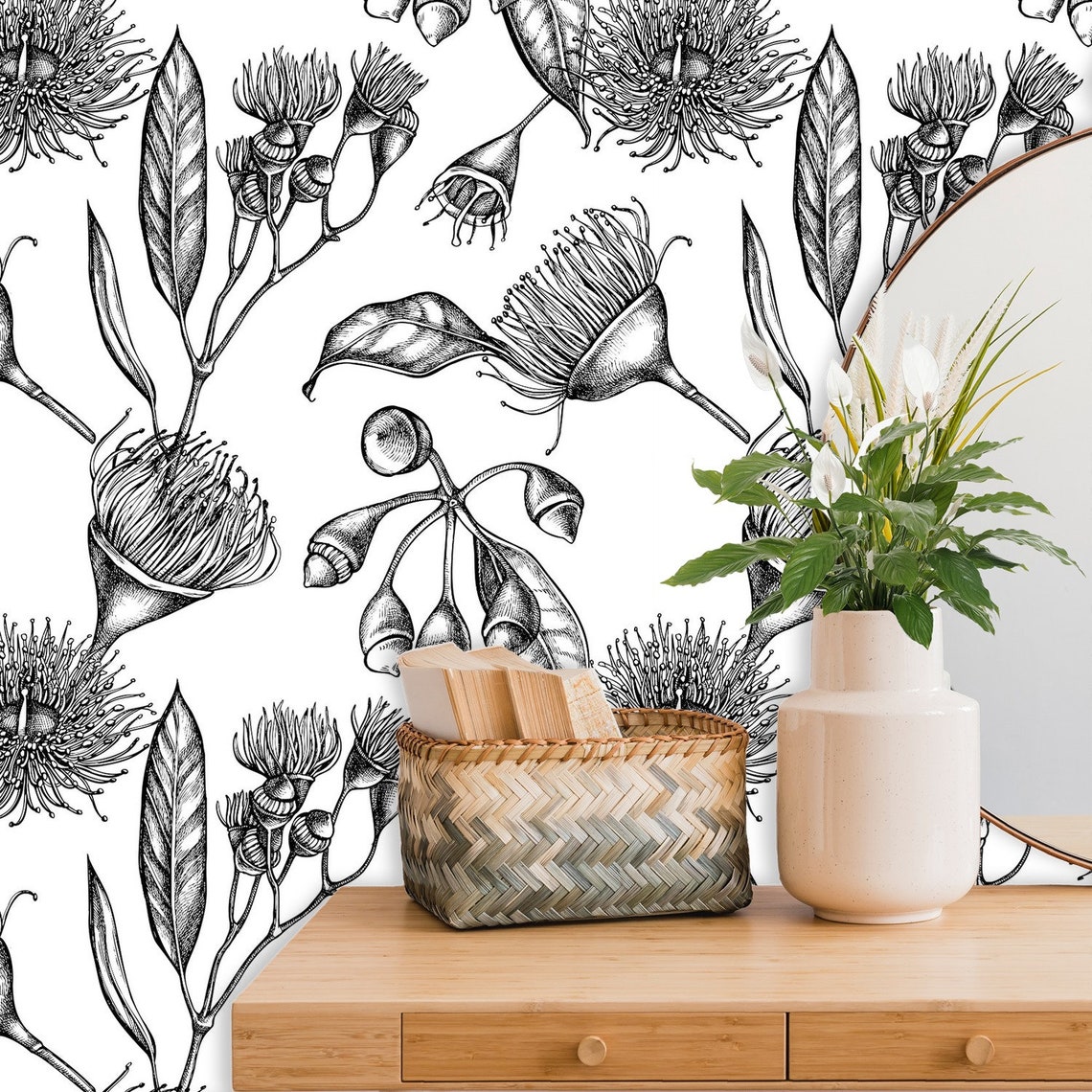 Dark Floral Removable wallpaper Monochrome Peel and Stick | Etsy