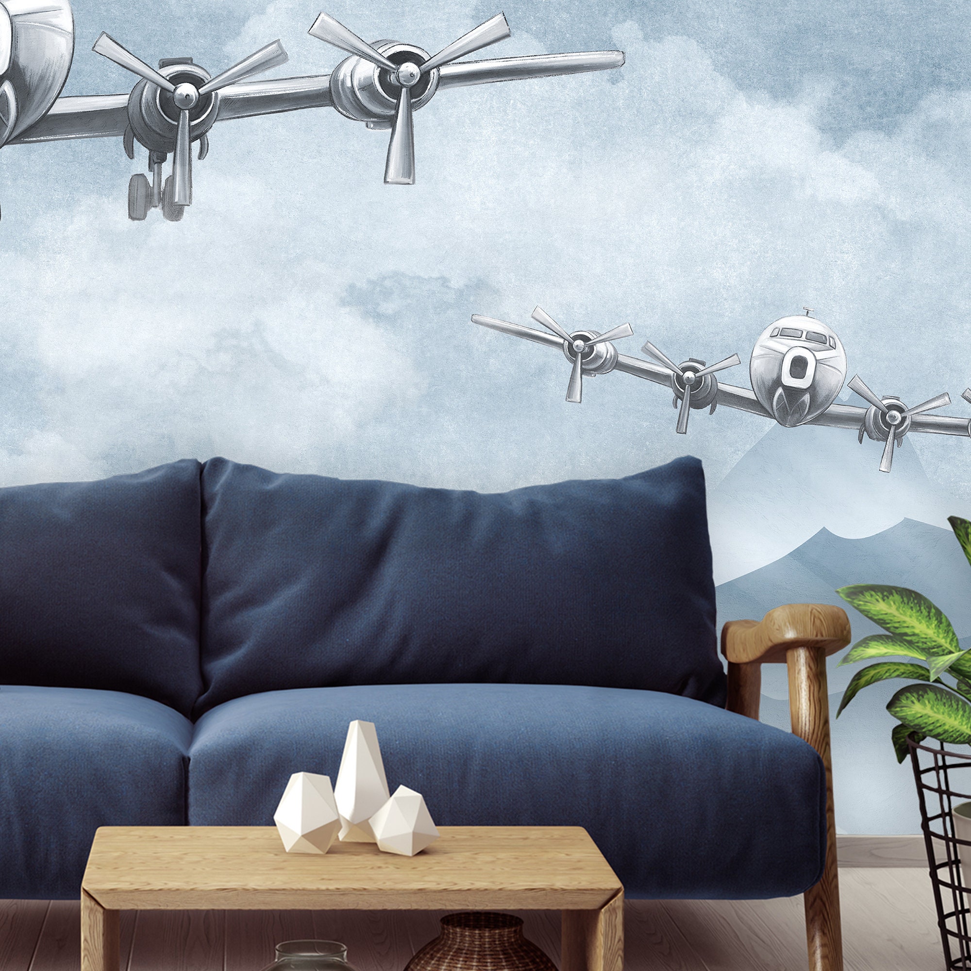 Blue Wallpaper Airplane Wallpaper Mural Nursery Wallpaper - Etsy