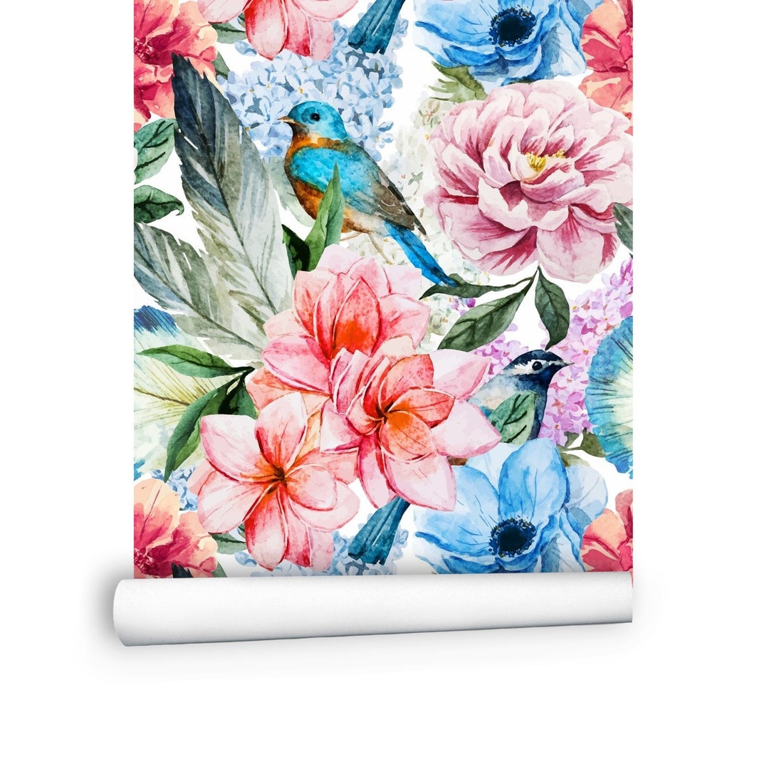 Large Flower Removable Wallpaper Blue Birds Peel and Stick Wall Paper ...