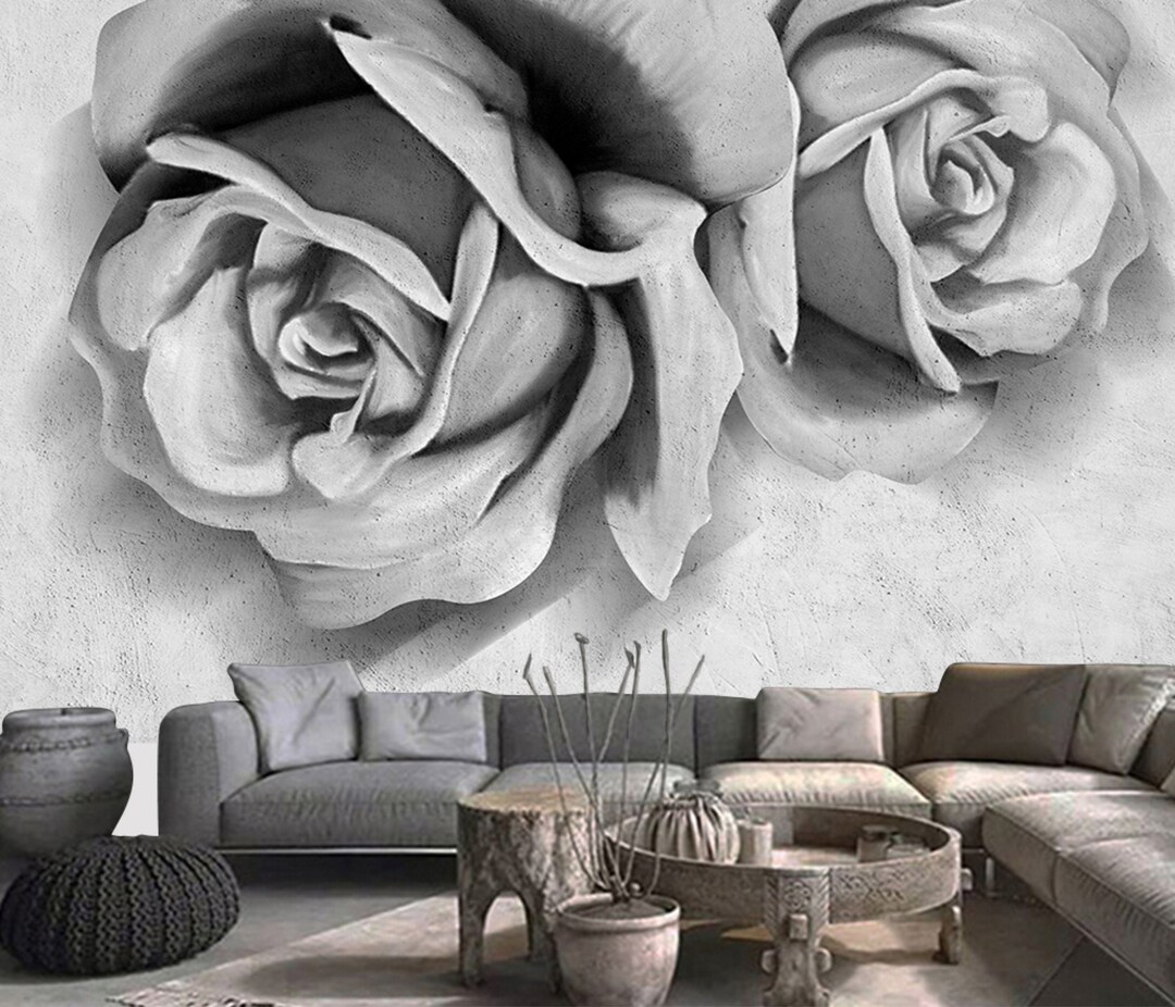 Gray Large Floral Wallpaper Vintage Mural, Watercolor Rose Wall Art ...