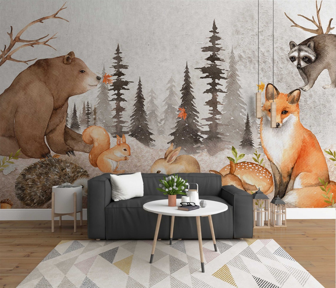 Animal Wallpaper Mural Forest Friends Nursery Wallpaper | Etsy
