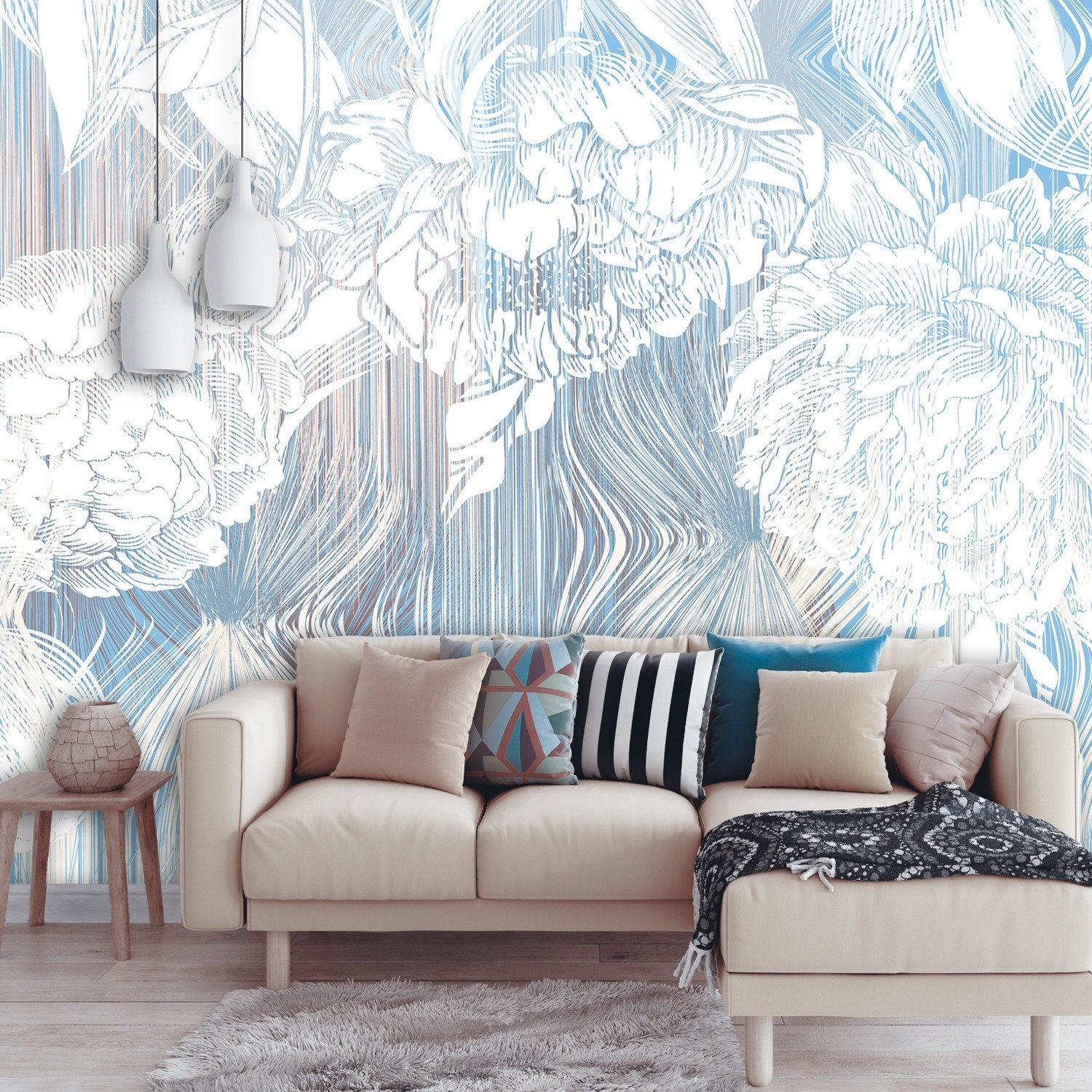 Blue Wallpaper Floral Wallpaper Mural Flower Removable Peel | Etsy