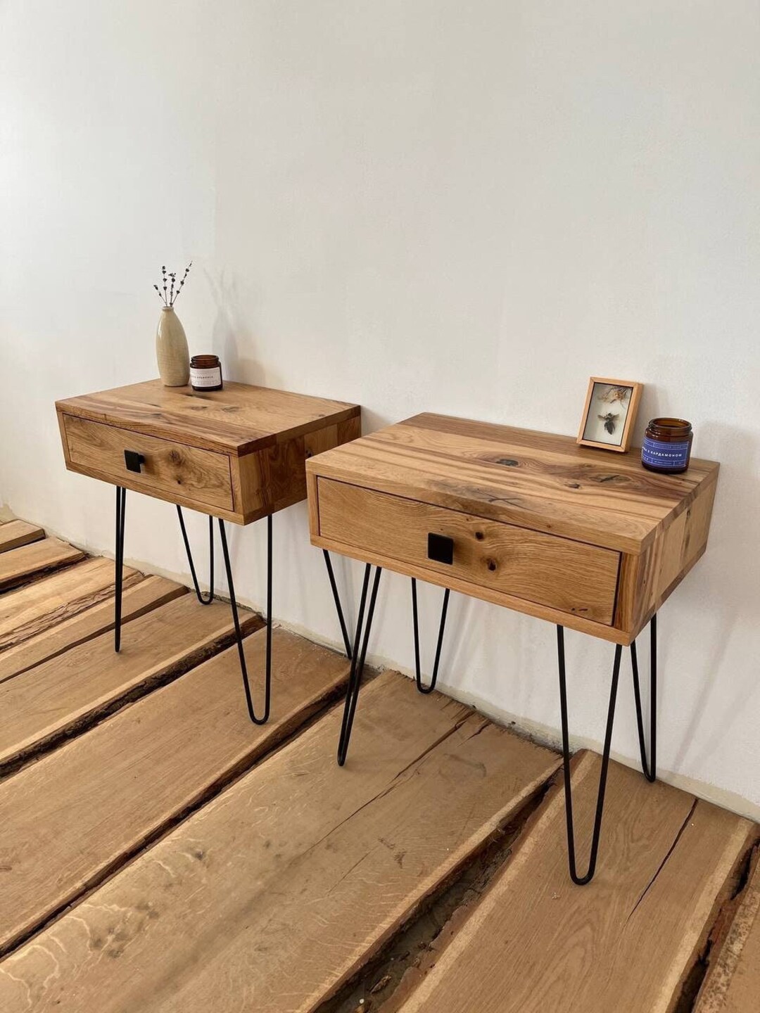 Rustic Nightstand With Hairipin Legs Pair Set of 2 Farmhouse Handmade ...